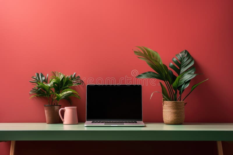 A Simple Workspace with a Computer and a Plant Stock Photo - Image of ...