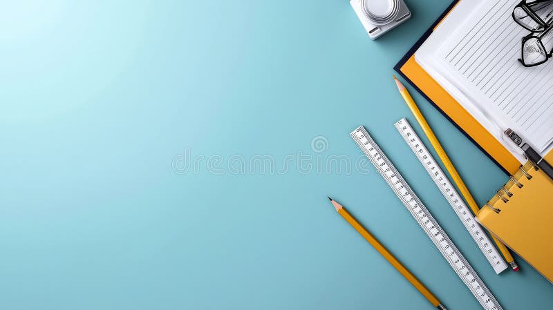 Simple Workspace Featuring Notebook Pencils Rulers and Glasses Creating ...