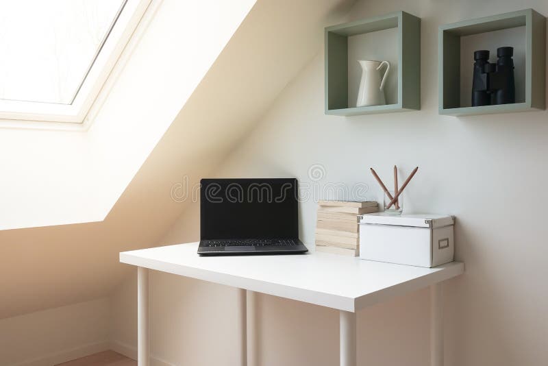 Simple Workspace Interior Under Skylight Window in Attic / Loft. Stock ...
