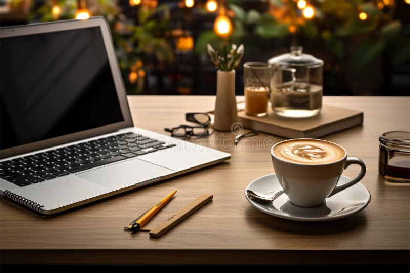 Simple Workspace with Laptop, Coffee, and Notebook Stock Illustration ...