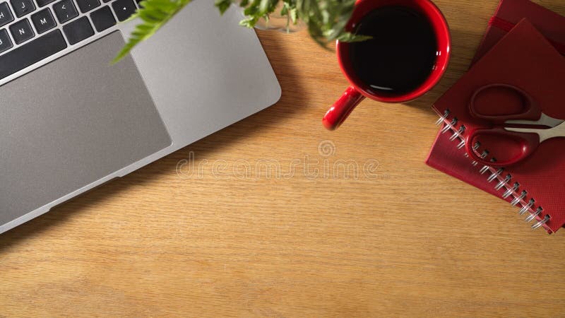 Simple Workspace with Laptop Computer and Copy Space on Wooden Table ...