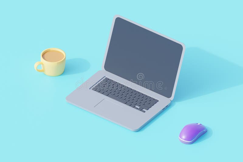 Simple Workspace with Laptop Mouse and Glass of Coffee. 3d Render ...