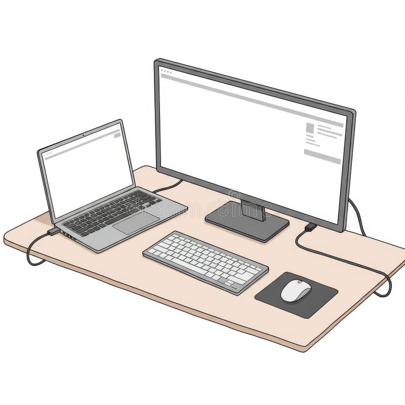 Simple Workspace Setup with Laptop and Desktop Stock Illustration ...
