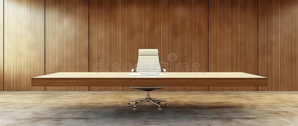 A Simple Workspace with a Wooden Desk, White Chair, and a Document ...
