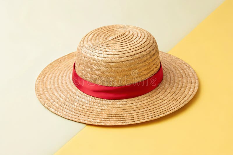 Simple Woven Straw Hat with a Red Ribbon on a Soft Background Stock ...