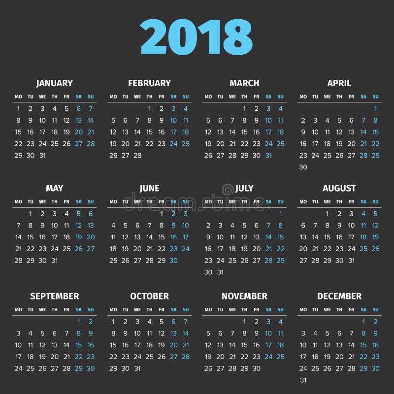 Simple 2018 year calendar stock vector. Illustration of season - 97206559