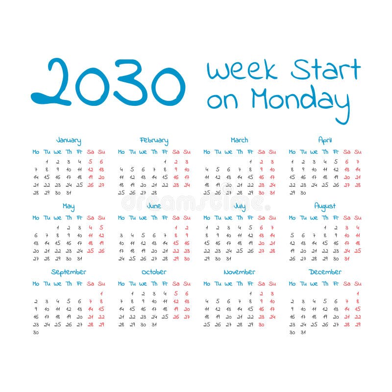 Simple 2030 year calendar stock vector. Illustration of english - 116053164