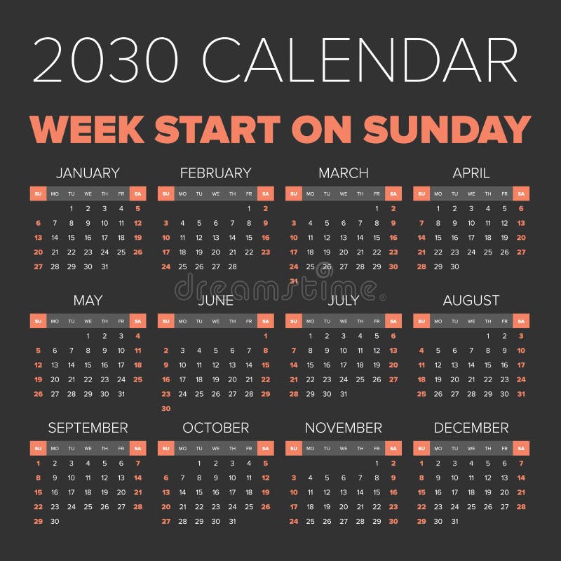 2030 Simple Calendar. Calendar Grid Stock Illustration - Illustration ...