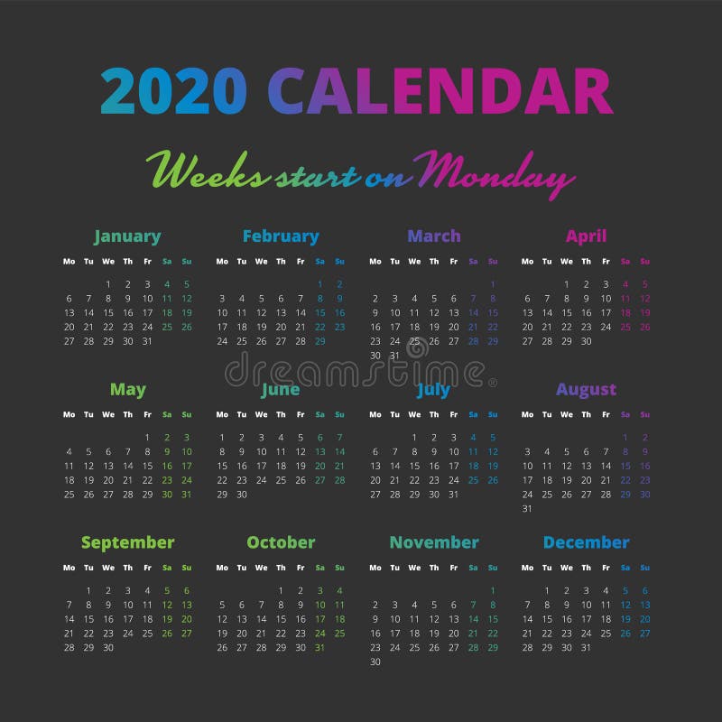 2020 Calendar Start on Monday Stock Vector - Illustration of modern ...