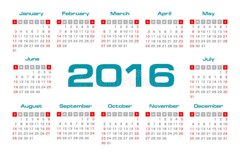 Simple 2016 Year Vector Calendar Stock Vector - Illustration of year ...