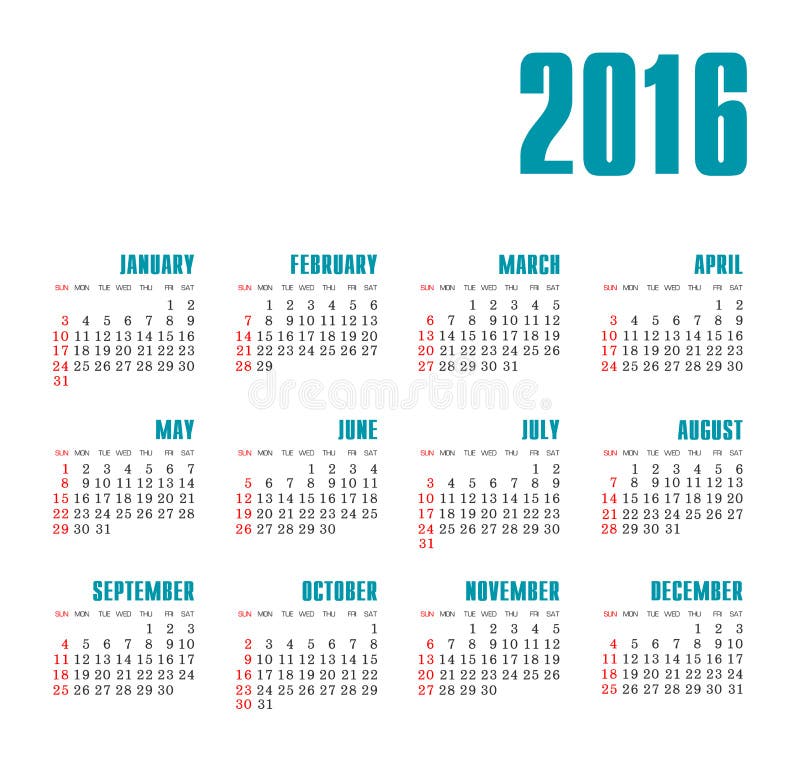 Simple 2016 Year Vector Calendar Stock Vector - Illustration of ...