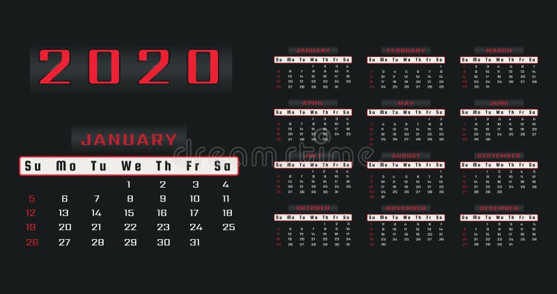 Simple Yearly Calendar 2020 Design on Black Background with Red Text ...