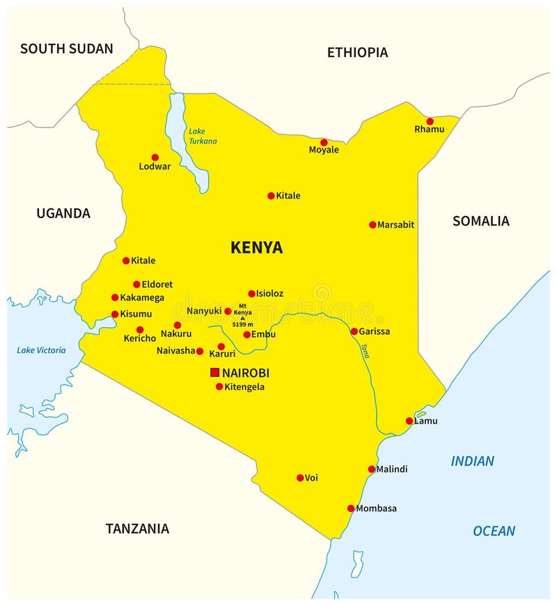 Simple Yellow Overview Map of Kenya Stock Illustration - Illustration ...