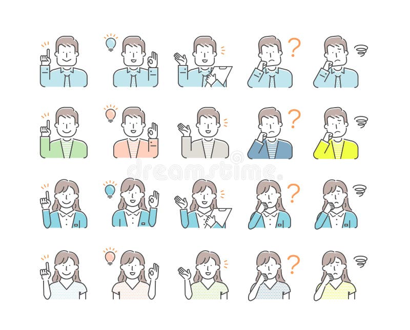 Simple Young Person Upper Body Gesture Pattern Illustration Set Stock ...