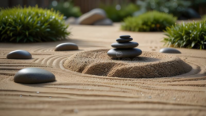 A Simple Zen Rock Garden with Smooth, Flowing Sand Patterns Stock ...
