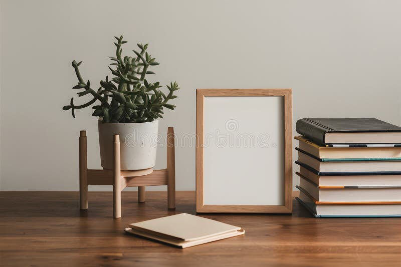 Simplicity and Elegance Depicted with a Wooden Table, Plant, Books, and ...