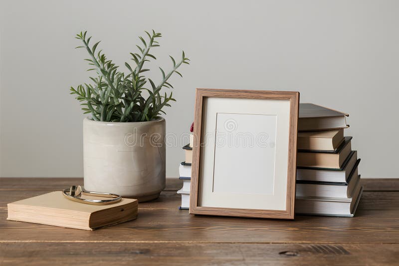 Simplicity and Elegance Depicted with a Wooden Table, Plant, Books, and ...