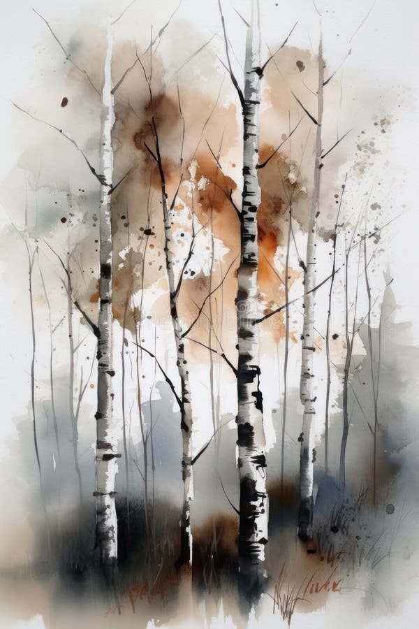 Simplicity in Watercolor: Birch Trees Painting . Stock Illustration ...