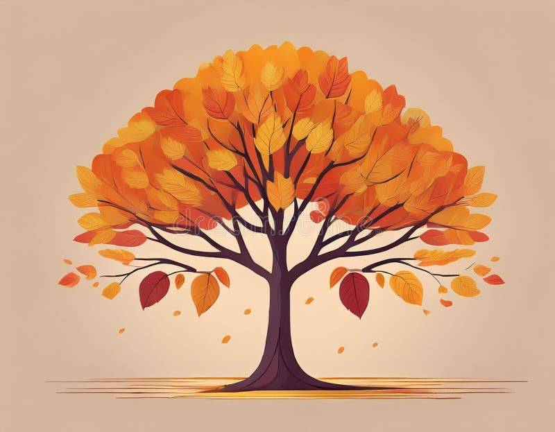 Simplified Autumn Tree Clean Lines Bold Colors Minimal Leaves on Plain ...