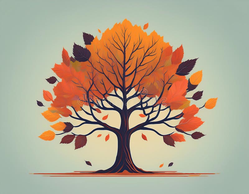 Simplified Autumn Tree Clean Lines Bold Colors Minimal Leaves on Plain ...