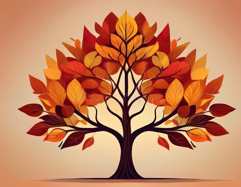 Simplified Autumn Tree Clean Lines Bold Colors Minimal Leaves on Plain ...