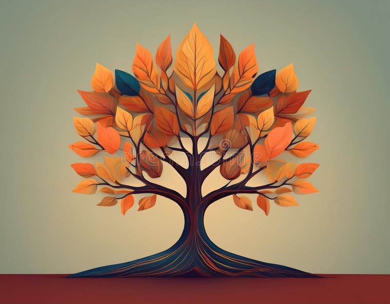 Simplified Autumn Tree Clean Lines Bold Colors Minimal Leaves on Plain ...