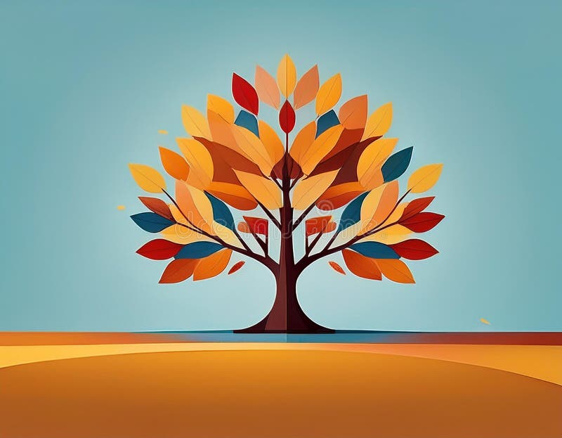 Simplified Autumn Tree Clean Lines Bold Colors Minimal Leaves on Plain ...
