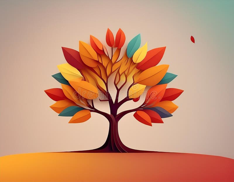 Simplified Autumn Tree Clean Lines Bold Colors Minimal Leaves on Plain ...