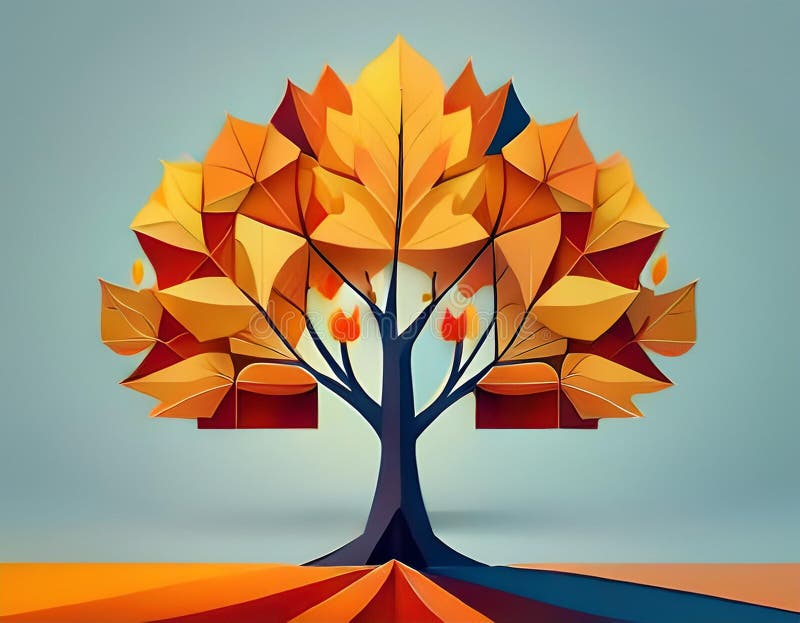 Simplified Autumn Tree Clean Lines Bold Colors Minimal Leaves on Plain ...