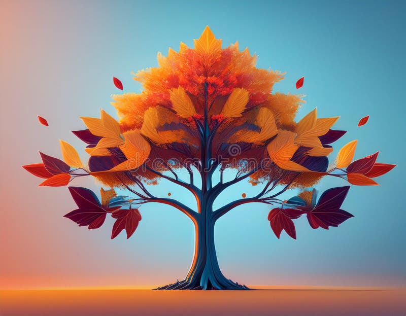 Simplified Autumn Tree Clean Lines Bold Colors Minimal Leaves on Plain ...