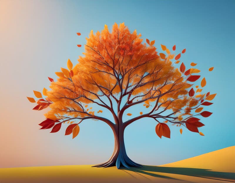 Simplified Autumn Tree Clean Lines Bold Colors Minimal Leaves on Plain ...