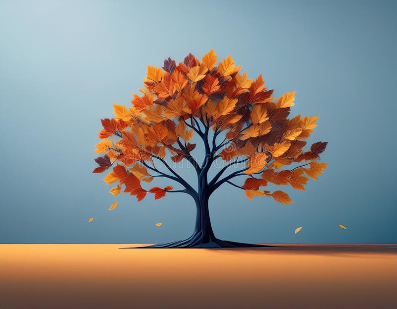 Simplified Autumn Tree Clean Lines Bold Colors Minimal Leaves on Plain ...