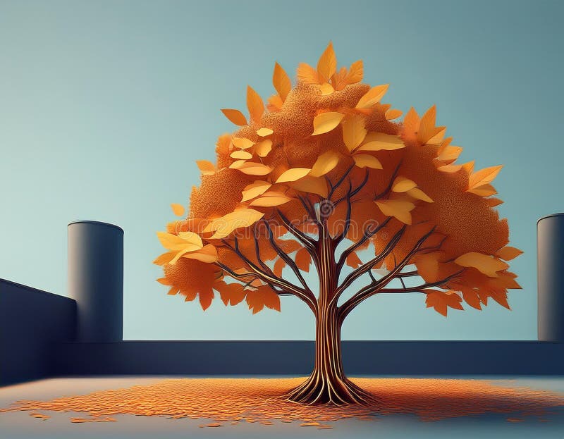 Simplified Autumn Tree Clean Lines Bold Colors Minimal Leaves on Plain ...