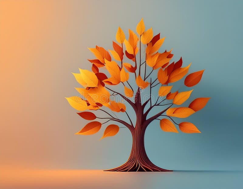 Simplified Autumn Tree Clean Lines Bold Colors Minimal Leaves on Plain ...