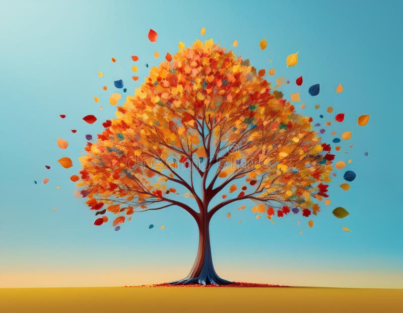 Simplified Autumn Tree Clean Lines Bold Colors Minimal Leaves on Plain ...