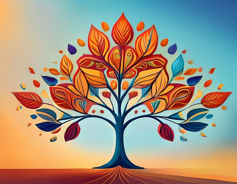 Simplified Autumn Tree Clean Lines Bold Colors Minimal Leaves on Plain ...