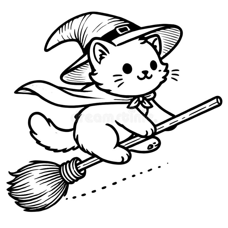 Simplified Drawing Pattern of a Flying Halloween Cat on a Broom Stock ...