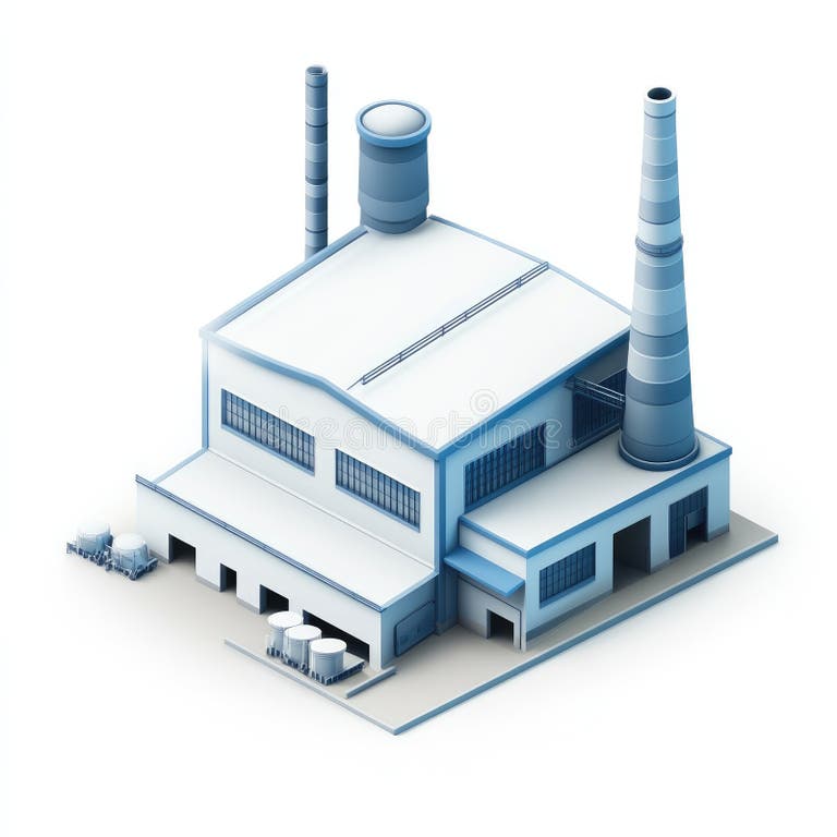 Isometric View of Modern Industrial Factory Building with Two Chimneys ...