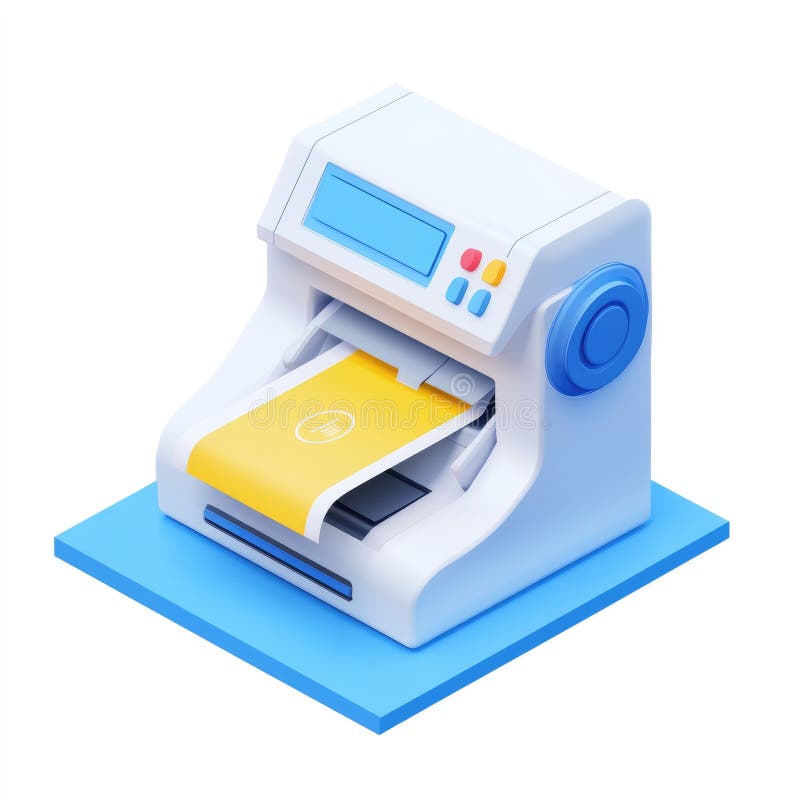 Modern 3D Isometric Printer Machine Printing Yellow Paper Stock ...