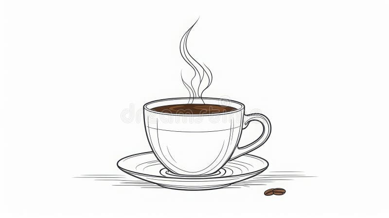 Simplified Line Art of a Steaming Hot Coffee Cup on a Saucer Stock ...