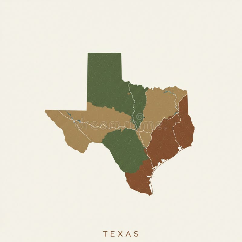 Simplified Map of Texas in Muted Earth Tones, Divided into Regions with ...