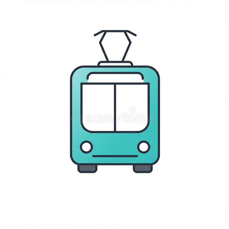 Simplified Tram Icon in Blue and Black Outline Style. Features a Front View with a Stock ...