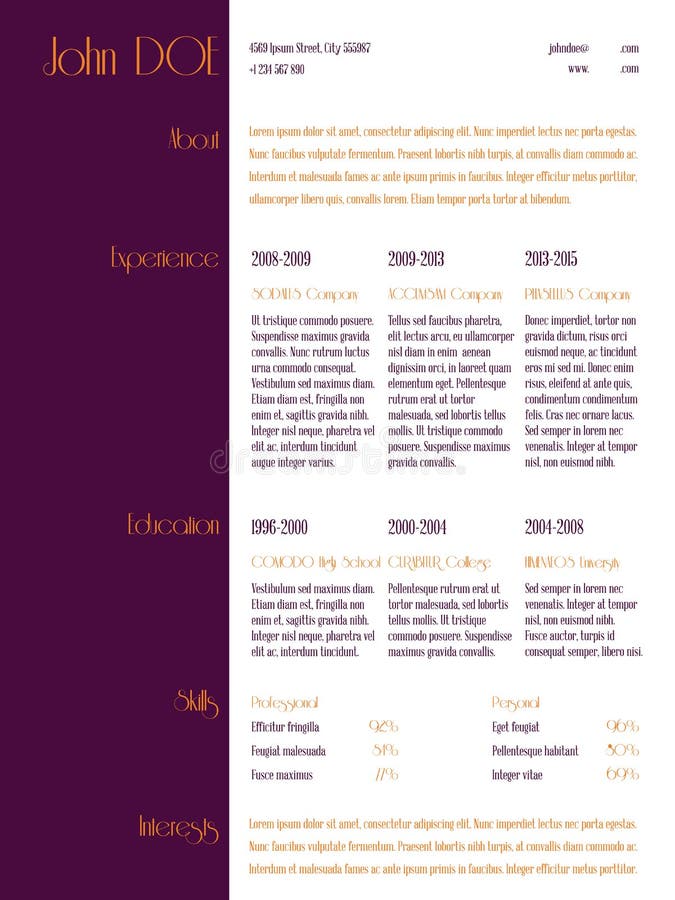 Simplistic Curriculum Vitae Resume Template with Purple Stripe Stock ...