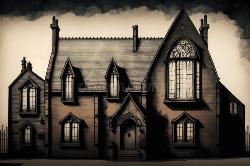 Simplistic Drawing of Gothic House, with Windows and Doors Drawn in ...