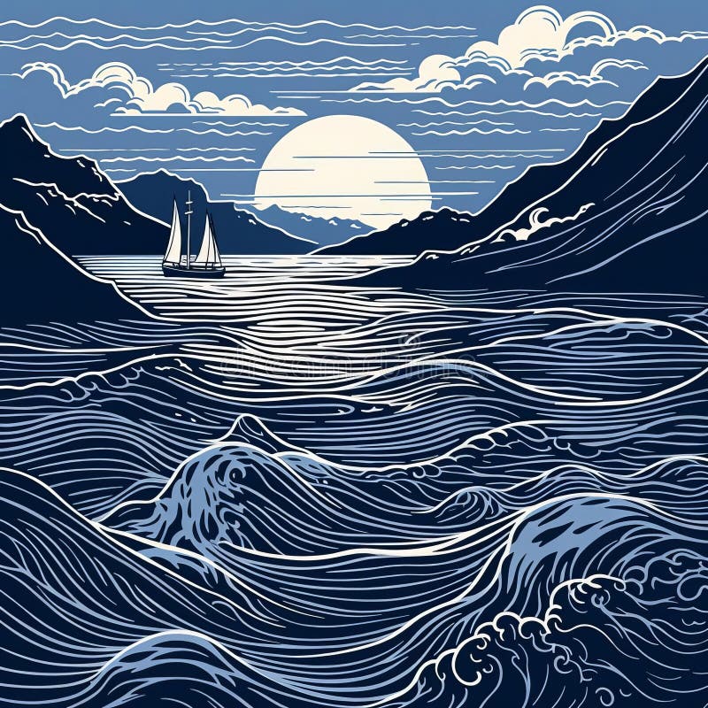 Simplistic Shoreline Linocut Artwork with Negative Space Emphasis Stock ...