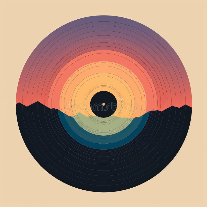 Simplistic Vector Art Vinyl Record with Sunset and Mountains Stock ...