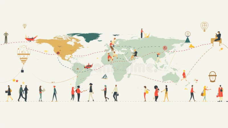 Simplistic World Map with Human Figures and Icons Stock Illustration ...