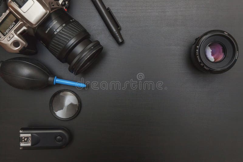 Top View of Work Space Photographer on Black Table Background Stock ...