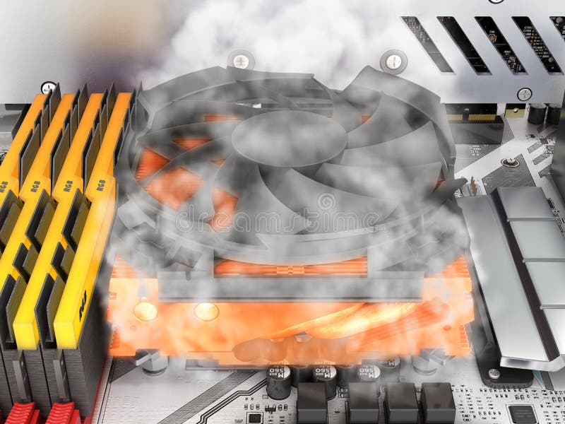 Simulation Of Cpu Overheating View Of The Processor Cooling System 3d Render Stock Illustration