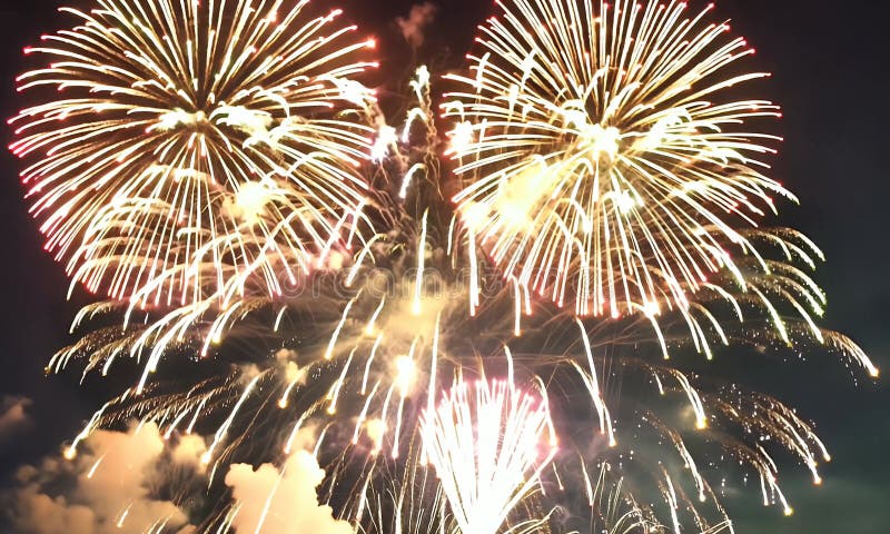 Simultaneous Burst of Multiple Fireworks in Contrasting Colors. Stock ...